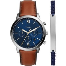 Fossil Uhr mit Armband Herren Gr&ouml;&szlig;e One Size marine / braun / silber