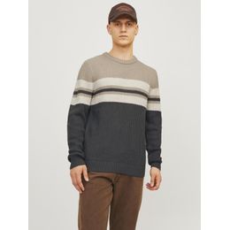 Jack & Jones Rundhalspullover JACK & JONES "JJSANDER KNIT CREW NECK", Herren, Gr. S, beige (crockery detail:blocking), Strick, Obermaterial: 74% Polyacryl, 26% Baumwolle, gestreift, normal, Rundhals, Rippbündchen, Pullover