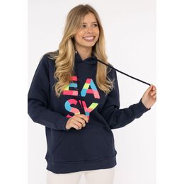 Hoodie Zwillingsherz ""EASY"", Damen, Gr. SM (S/M), blau (marine), Sweatware, Obermaterial: 50% Baumwolle, 50% Polyester, unifarben mit Farbeinsatz, comfort fit h&uuml;ftbedeckend, V-Ausschnitt, Sweatshirts Hoodie, mit buntem Easy Schriftzug