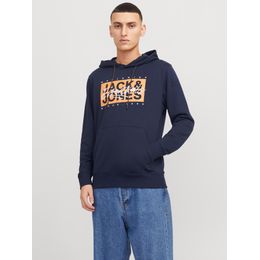 Jack & Jones Kapuzensweatshirt JACK & JONES "JJCOLTON – Sweater mit Print, Regular Fit und Materialmix", Herren, Gr. M, blau (sky captain), angeraute Sweatware, Obermaterial: 60% Baumwolle, 40% Polyester, bedruckt, regular fit normal, Rippbündchen, Sweatshirts, bedruckt, modisch, regular fit, angeraute Sweatware, Kapuze