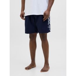 Jack & Jones PlusSize Badeshorts "JPSTMAUI JJSWIM SPLICE LOGO AKM SN PLS", Herren, Gr. 46, N-Gr, blau (navy blazer), Web, Recycling-Polyester, JACK & JONES PLUSSIZE, bedruckt, Badehosen