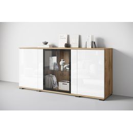 Sideboard Inosign "Caro, modernes Design mit Glaseinsätzen, Breite 150 cm", weiß (eichefarben votan, weiß hochglanz), B:150cm H:70cm T:39,5cm, FSC-zertifizierter Holzwerkstoff, Sideboards, Grifflose Fronten mit Push-to-Open, höhenverstellbare Einlegeböden