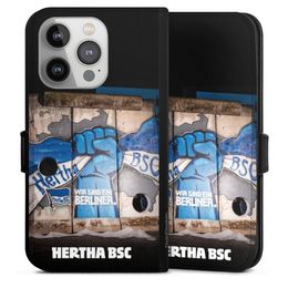 DeinDesign iPhone 14 Pro Handy Klapph&uuml;lle Handyh&uuml;lle aus Kunst Leder schwarz Flip Case Hertha Bsc Wall Official Licensed Product Sideflip mit langer Lasche