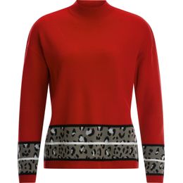 Damen Langarm-Pullover mit Jacquard-Bord&uuml;ren rot, Gr&ouml;&szlig;e 50