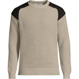 LANDS' END Harris Tweed Strickpullover mit Tweed-Patches, Damen,  Beige, Baumwolle, by Lands' End