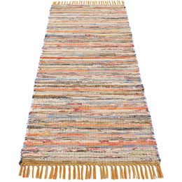 Teppich CarpetFine "Kelim Chindi, Wendeteppich", gelb, B:80cm H:6mm L:350cm, Baumwolle, Polyester, Teppiche, Fransenteppich, handgewebt, Fleckerlteppich mit Fransen, auch vielen in Läufergrößen