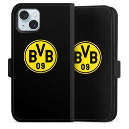 DeinDesign iPhone 15 Handy Klapph&uuml;lle Handyh&uuml;lle aus Kunst Leder schwarz Flip Case Logo Borussia Dortmund Bvb Sideflip mit Lasche