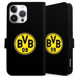 DeinDesign iPhone 14 Pro Max Handy Klapph&uuml;lle Handyh&uuml;lle aus Kunst Leder schwarz Flip Case Logo Borussia Dortmund Bvb Sideflip mit Lasche