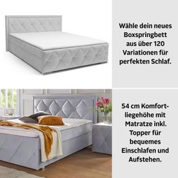 Boxbett LEONIQUE, L:211cm, grau, Holzwerkstoff, Spanplatte, Komplettbetten, "Alfie, Topseller Inkl. Bettkasten&Topper", Wahlweise mit Knopfsteppung
