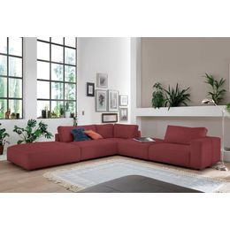 Ecksofa Musterring, B:340cm H:81cm T:346cm, rot, Flachgewebe FLORIS (100% Polyester);Flachgewebe VALMONT (60% Baumwolle/ 40% Leinen);Microfaser CRONA