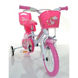 DINO Kinderfahrrad "Unicorn Einhorn 12 Zoll", 22cm, 12 Zoll (30,48cm), pink, Fahrr&auml;der, mit St&uuml;tzr&auml;dern, Korb und Puppensitz