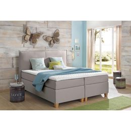 Boxspringbett Home Affaire, B:152cm L:225cm, beige, Struktur fein (100% Polyester), Komplettbetten, "Houssay", inkl. Topper, 5 Breiten, 2 H&auml;rtegraden