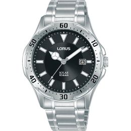 Lorus Herren Solaruhrsilberfarben, schwarz, Armbanduhren, Armbanduhr, Herrenuhr, Edelstahlarmband, analog, Tag