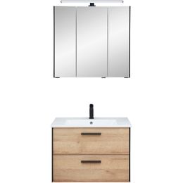 Badmöbel-Set SAPHIR, braun, Kastenmöbel-Sets, "Quickset 395 2-teilig, Keramik-Waschtisch mit LED-Spiegelschrank", Waschplatz 75 cm breit, 3 Türen, 2