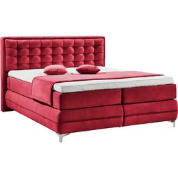 Boxspringbett Musterring, B:177cm L:214cm, rot, Komplettbetten, "Dubai", Winkelfu&szlig; in Chrom, 3 H&auml;rtegrade, Kopfteil in Kassettensteppung