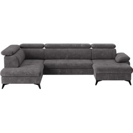 Wohnlandschaft COTTA, B:324cm T:207cm, grau, Sofas, "Hudson U-Form", mit Kopfteilverstellung, wahlweise mit Bettfunktion & Bettkasten