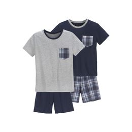 Le Jogger Jungen Pyjama, Gr. 182, blau, Jersey, Obermaterial: 100% Baumwolle, kariert, unifarben, Basic, Homewear-Sets, Hose 1x uni und 1x kariert