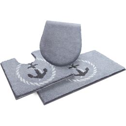 Badematte Grund, H:20mm, silber, Kunstfaser, Badematten, "Port Louis", Design mit Anker, maritim, Made in Europe