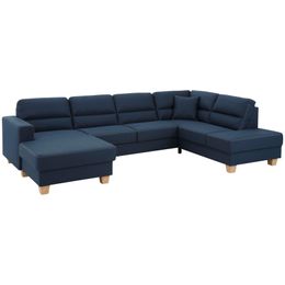 Wohnlandschaft Home Affaire, B:313cm H:85cm, blau, Sofas, "Navan, komfortabel mit viel Platz, U-Form", wahlweise mit Bettfunktion und Kopfstütze