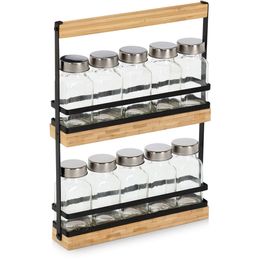 Gewürzständer ZELLER PRESENT "Set, 11-tlg., Glas/Metall/Bambus", holzfarben, transparent, schwarz, B:4,7cm H:30cm, Gewürzstreuer, Gewürzständer, hochwertig, moderner Materialmix