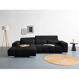 Ecksofa COTTA, B:307cm H:73cm T:186cm, schwarz, 100% Polyester, Wohnzimmer, Sofas, "Orion L-Form", mit 2x Kopfteilverstellung & 3 Nierenkissen