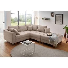 Ecksofa Home Affaire, B:216cm H:42cm T:185cm, grau, 100%Polyester, Wohnzimmer, Sofas, "Rice L-Form, B: 216 cm", Set: Sofa & Hocker, mit 3 Zierkissen,