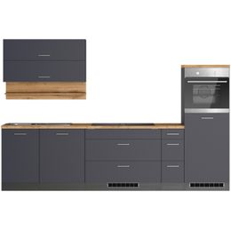 K&uuml;chenzeile KOCHSTATION, B:300cm H:166cm T:60cm, grau, Komplettk&uuml;chen-Sets, "KS-Milan, optional mit Muldenl&uuml;fter", Breite 300 cm, wahlweise mit