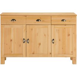 Unterschrank Home Affaire, B:125cm H:85cm T:38cm, beige, Massivholz, K&uuml;che, Schr&auml;nke, "Oslo", 125 cm breit, 38 cm tief, als Sideboard, 3 T&uuml;ren, 2