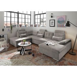 Wohnlandschaft, B:324cm H:107cm T:218cm, grau, ED EXCITING DESIGN, 92% Polyester, 8% Nylon, Sofas, "Jakarta U-Form mit Bettfunktion, Bettkasten",