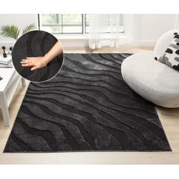 Teppich OTTO HOME, B:200cm H:19mm L:300cm, schwarz, Kunstfaser, Wohnzimmer, Teppiche, "Benia, Hoch-Tief-Struktur", Wellen-Design, leichter Glanz,