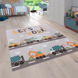 Kinderteppich Paco Home, B:200cm H:4mm L:200cm, grau, Polyester, Teppiche, "Bino 578", Spielteppich, Motiv Autos & Baustelle, Kinderzimmer
