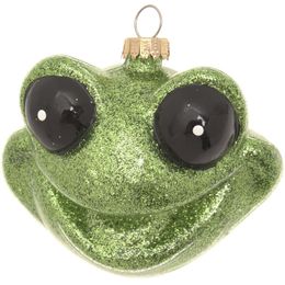 Christbaumschmuck "Frosch-Kopf, Grün, Glitterfinish", B:8cm H:10,5cm T:11,5cm, grün, KREBS GLAS LAUSCHA, Weihnachtsbaumschmuck, Christbaumschmuck aus