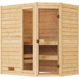 Weka Sauna "Massivholzsauna VALIDA Eck 1", Saunaofen, externe Steuerung, 4,5 kW, beige, Saunen, Blockbohlen, moderne Ganzglast&uuml;r