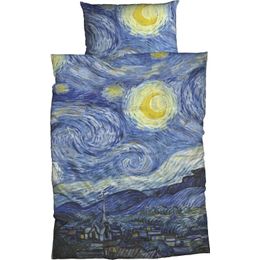 Bettwäsche Goebel, blau, Satin, Obermaterial: 100% Baumwolle, Bettwäsche, "Starry Night", geniales Design von Vincent van Gogh