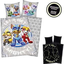 Kinderbettw&auml;sche PAW PATROL, grau, Renforc&eacute;, Obermaterial: 100% Baumwolle, Bettw&auml;sche, "PAW PATROL", mit "Glow in the dark"-Effekt