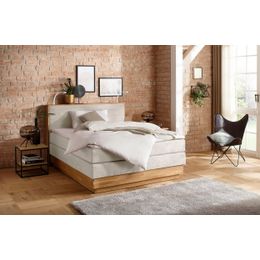 Boxspringbett Home Affaire, B:164cm L:222cm, beige, Microfaser (100% Polyester), Komplettbetten, "Cavan", Eiche, inkl. Bettkasten & Topper,