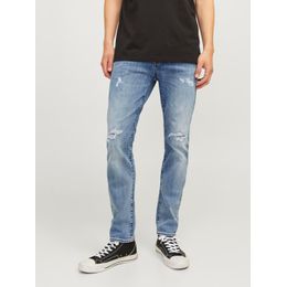 Jack & Jones JACK & JONES Herren Slim-fit-Jeans "JJIGLENN – Jeans mit Stretch, niedriger Leibhöhe und Taschen", blau, Gr. 29, Destroyed-Effekte, Denim/Jeans,