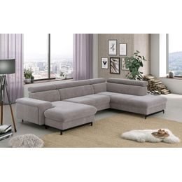 Wohnlandschaft COTTA, B:328cm H:97cm T:215cm, grau, Sofas, "Emma U-Form", mit Kopfteilverstellung, wahlweise mit Bettfunktion & Bettkasten