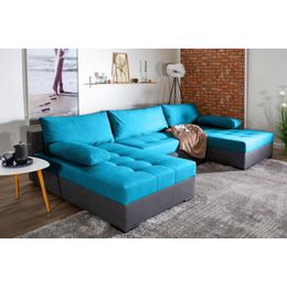 Wohnlandschaft Collection AB, B:307cm H:41cm T:161cm, blau, 100%Polyester, Sofas, "Josy U-Form, B: 307 cm", mit Bettfunktion & Bettkasten, Federkern