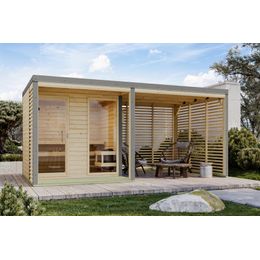 Karibu Saunahaus ""Adrian 2" naturbelassen-graualuminium", Bio-Kombiofen, externe Steuerung, 400 kWnaturbelassen, Garten, Saunen, W&auml;nde aus