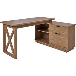 Eckschreibtisch Jahnke, B:150cm H:75cm T:119,2cm, braun, Büro, Tische, "CHALET D 155 E", im Landhausstil, wechselseitig montierbar