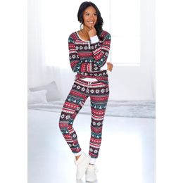 Lascana Damen Pyjama, Gr. 40, rot, Single Jersey, Obermaterial: 95% Baumwolle, 5% Elasthan, gemustert, Homewear-Sets, mit weihnachtlichem Muster