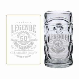 LUXENTU Bierkrug "Bierkrug mit Gravur Legende seit 50 Jahren 0,5 Liter transparent", 1 tlg., transparent, Trinkgef&auml;&szlig;e