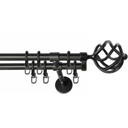 Gardinenstange Garesa, L:260cm &Oslash;:16mm, schwarz, Metall, Gardinenstangen, "RUSTIKA", rustikale Vorhanggarnitur, verl&auml;ngerbar, m. Ringe, Endknopf Korb