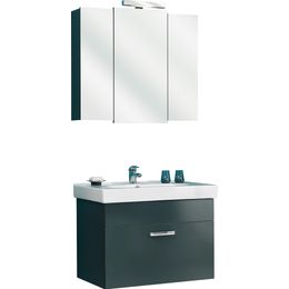 Badmöbel-Set SAPHIR, schwarz, Kastenmöbel-Sets, "Quickset 2-teilig, Keramikwaschtisch mit LED-Spiegelschrank, Bad-Set", Waschplatz 83 cm breit, 3
