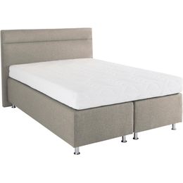 Boxspringbett 4, beige, Bezug Unterbox und Kopfteil: Strukturstoff (77% Polyester und 23% Viskose);Bezug Obermatratze 100% Polyester, waschbar bis