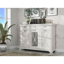 Sideboard FORTE, B:177,7cm H:127,7cm T:48,2cm, wei&szlig;, Dekorfolie, FSC-zertifizierter Holzwerkstoff, Floatglas, Metall, Wohnzimmer, Sideboards,