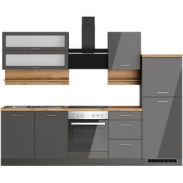 K&uuml;chenzeile KOCHSTATION, B:270cm H:200cm T:60cm, grau, Komplettk&uuml;chen-Sets, "KS-Milan", 270 cm breit, robuste Metallausz&uuml;ge, viel Stauraum