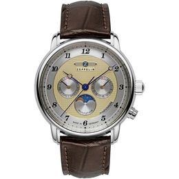 Zeppelin Herren Quarzuhr "Friedrichshafen Moonphase", braun, Armbanduhren, Armbanduhr, Herrenuhr, Made in Germany, analog, Wochentag, Mondphase