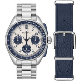 Bulova Herren Chronograph "Lunar Pilot", silber, Armbanduhren, Armbanduhr, Quarzuhr, Herrenuhr, Saphirglas, Edelstahl- & Lederarmband